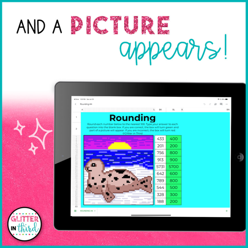 3rd Grade Rounding to the Nearest 10 and 100 Pixel Art - Glitter in Third