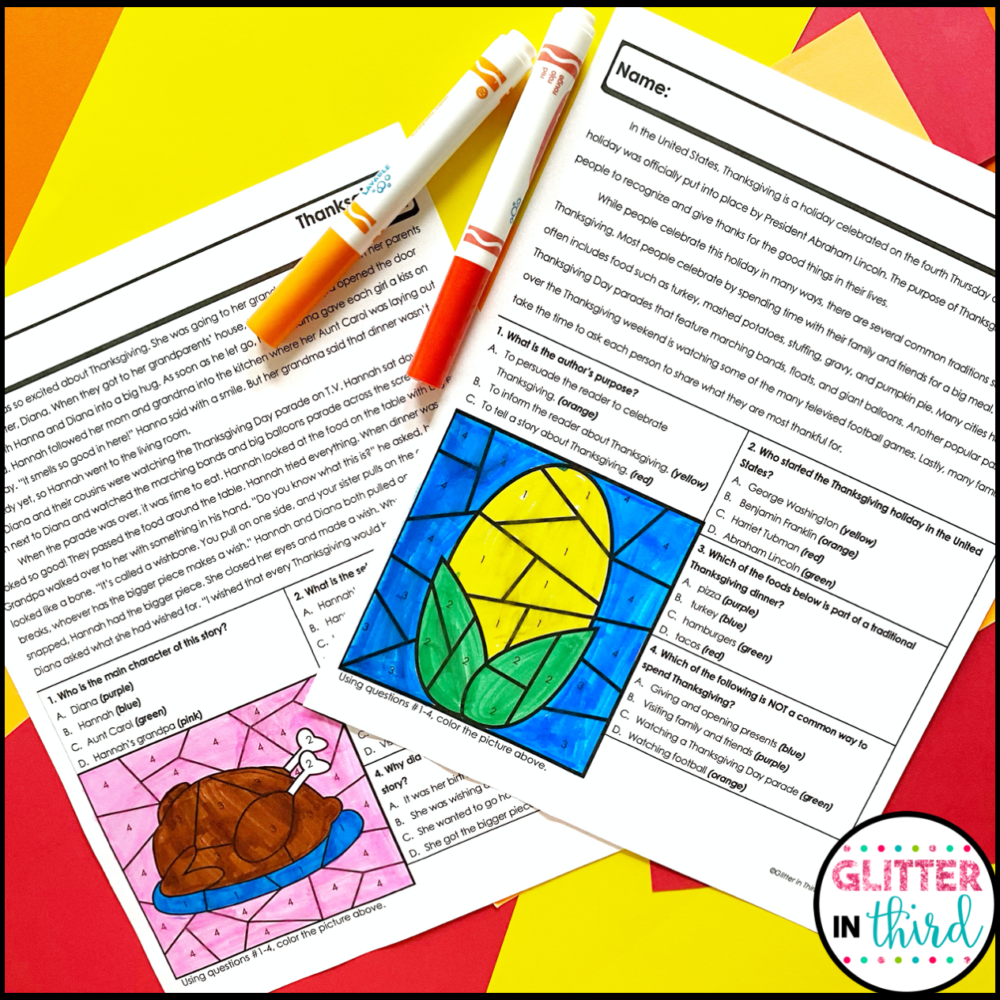 Thanksgiving Reading Comprehension Color-By-Number Worksheets - Glitter ...