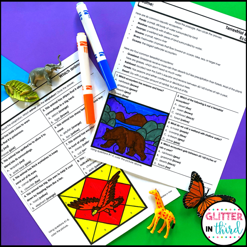 Animal Habitats & Ecosystems Worksheets Color-By-Numbers - Glitter in Third