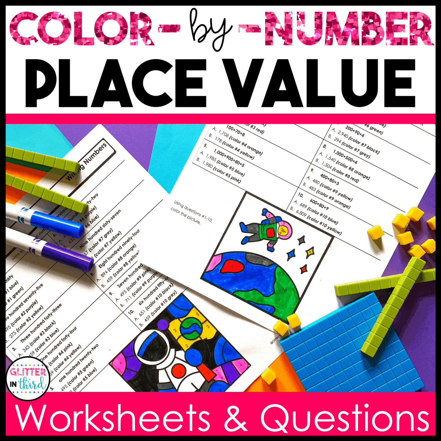 3rd Grade Place Value Worksheets Color-By-Numbers - Glitter in Third