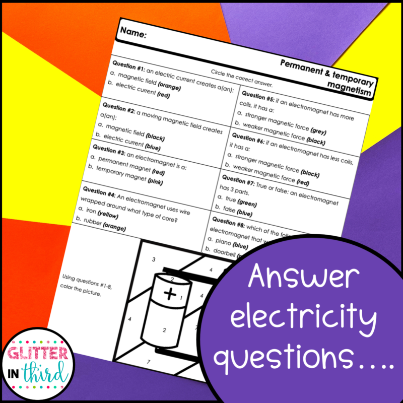 Electricity Color-By-Number Worksheets BUNDLE - Glitter in Third