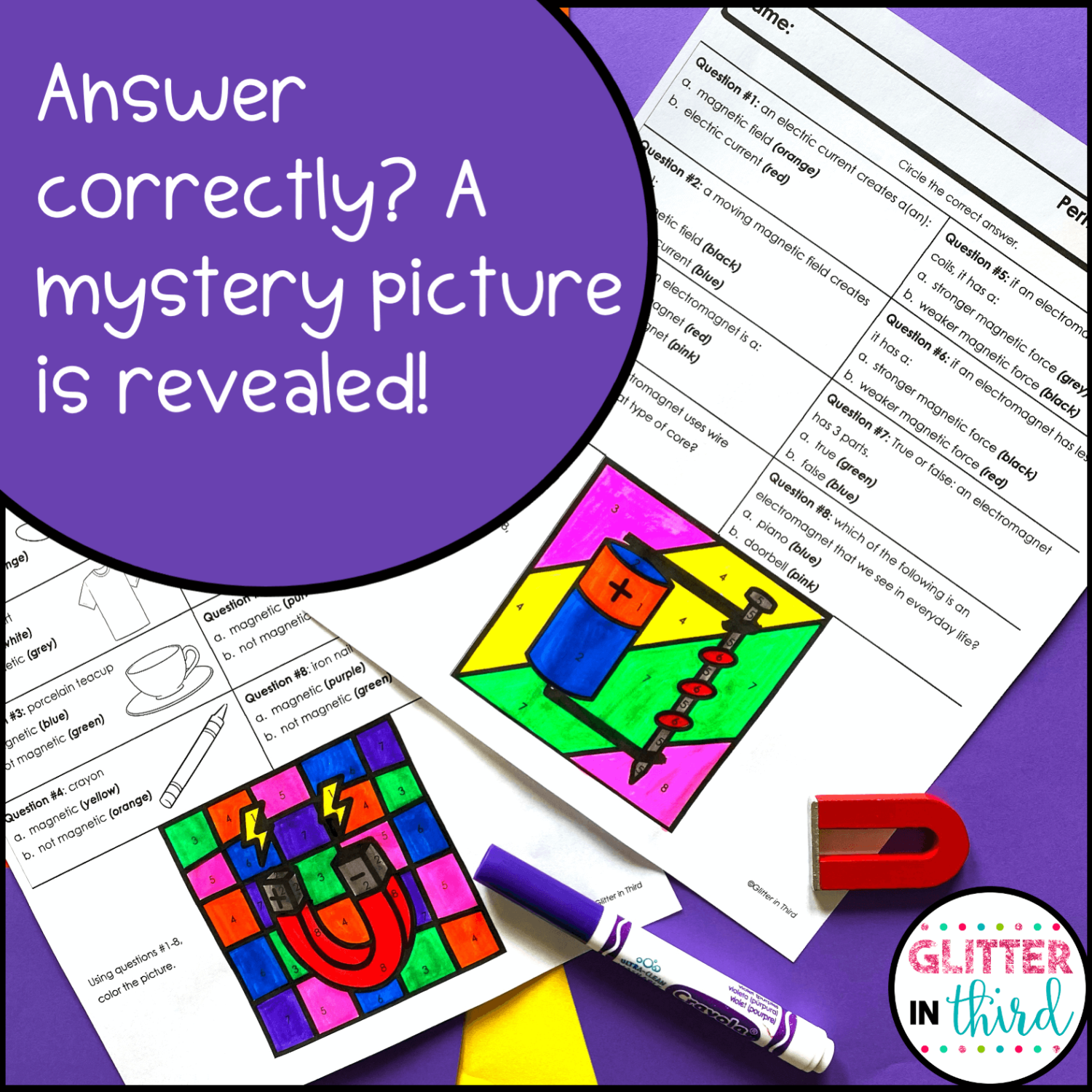 Electricity Color-By-Number Worksheets BUNDLE - Glitter in Third