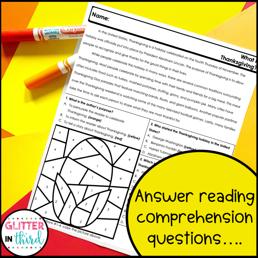 Thanksgiving Reading Comprehension Color-By-Number Worksheets - Glitter ...