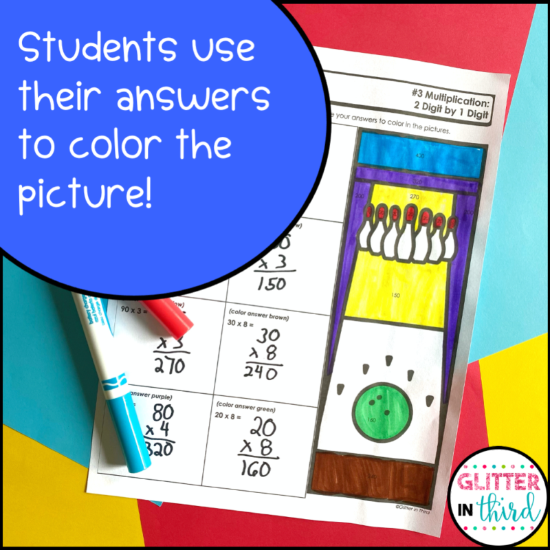 2 Digit by 1 Digit Multiplication Color-By-Number Worksheets - Glitter ...