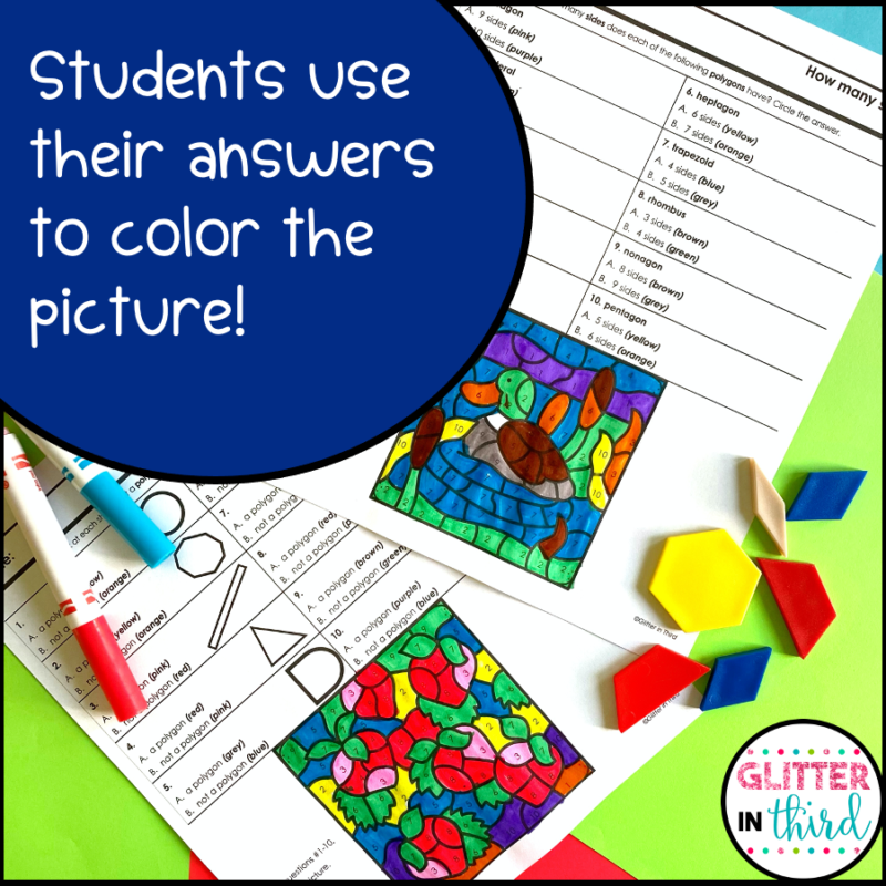 Polygons and Quadrilaterals Worksheets Color-By-Number - Glitter in Third