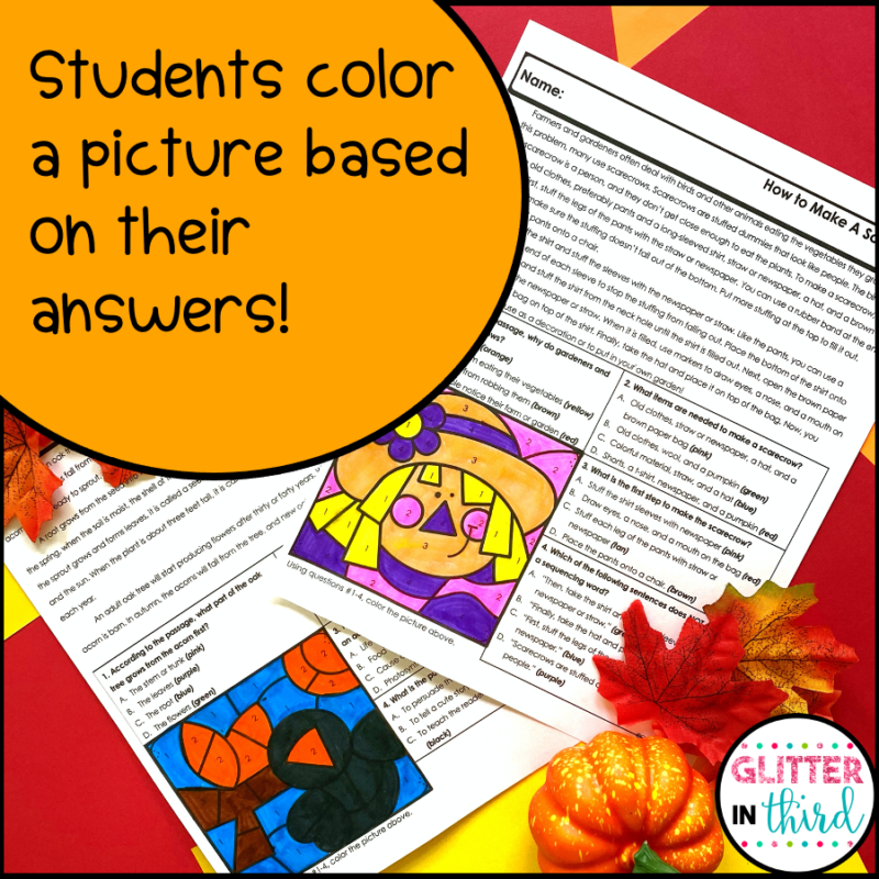 Fall Reading Comprehension Color-By-Number Worksheets - Glitter in Third
