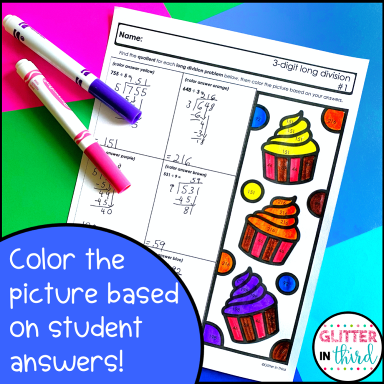 Long Division Color-By-Number Worksheets - Glitter in Third