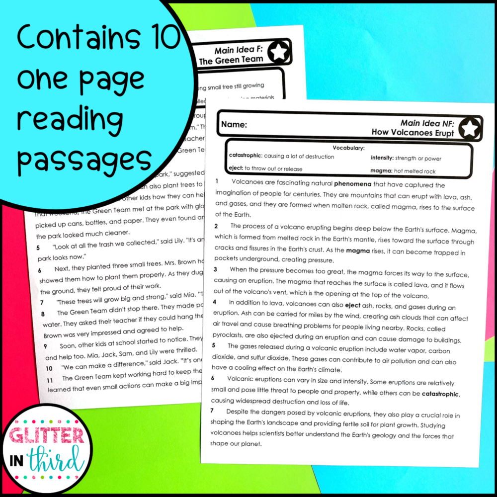 4th Grade Main Idea Passages Reading Comprehension Worksheets - Glitter ...