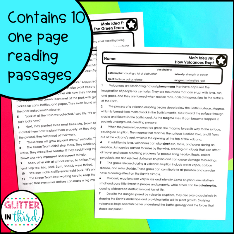 4th Grade Main Idea Passages Reading Comprehension Worksheets - Glitter in Third