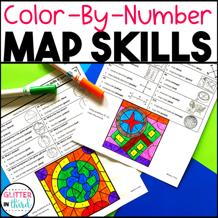 Map Skills Worksheets Color By Number Activities - Glitter in Third