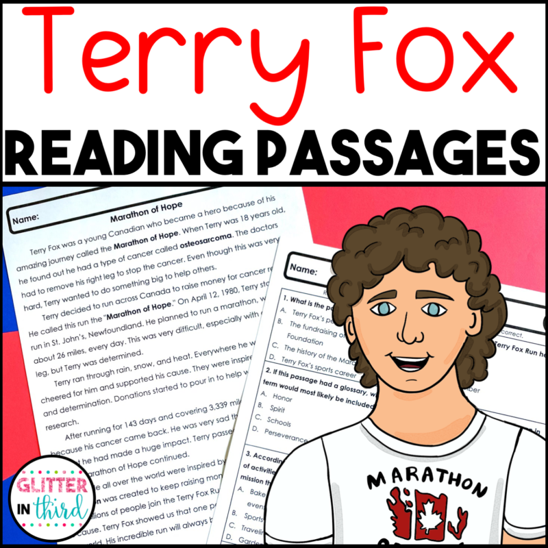 Terry Fox Run Reading Passages Activities Worksheets - Glitter in Third
