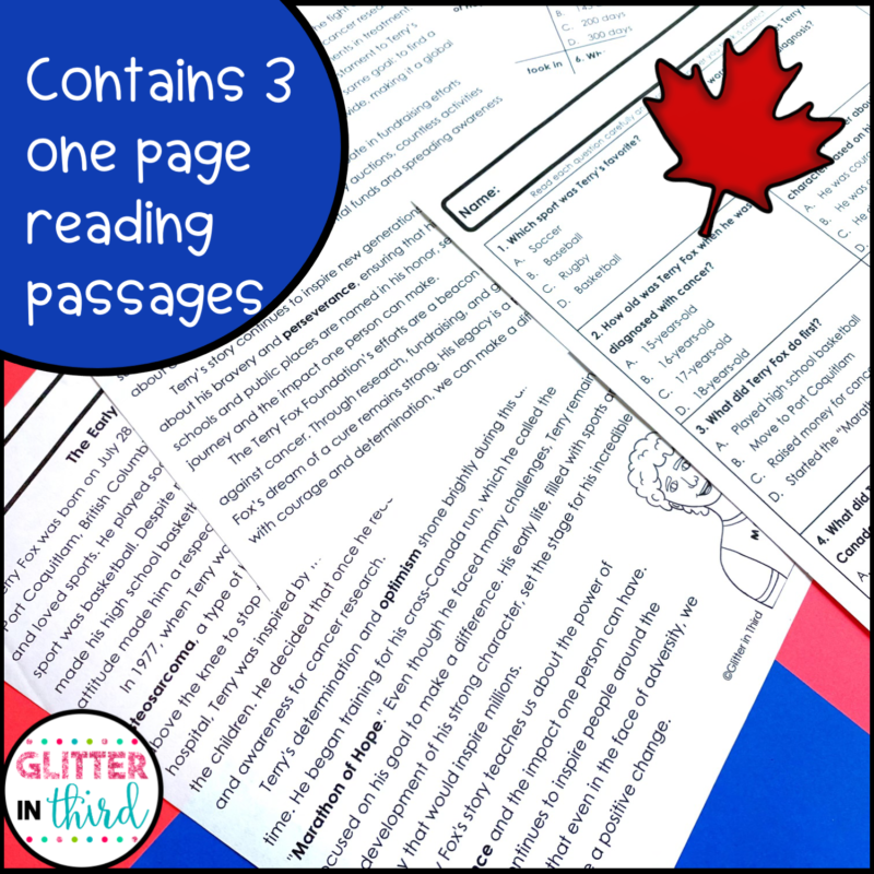 Terry Fox Run Reading Passages Activities Worksheets - Glitter in Third