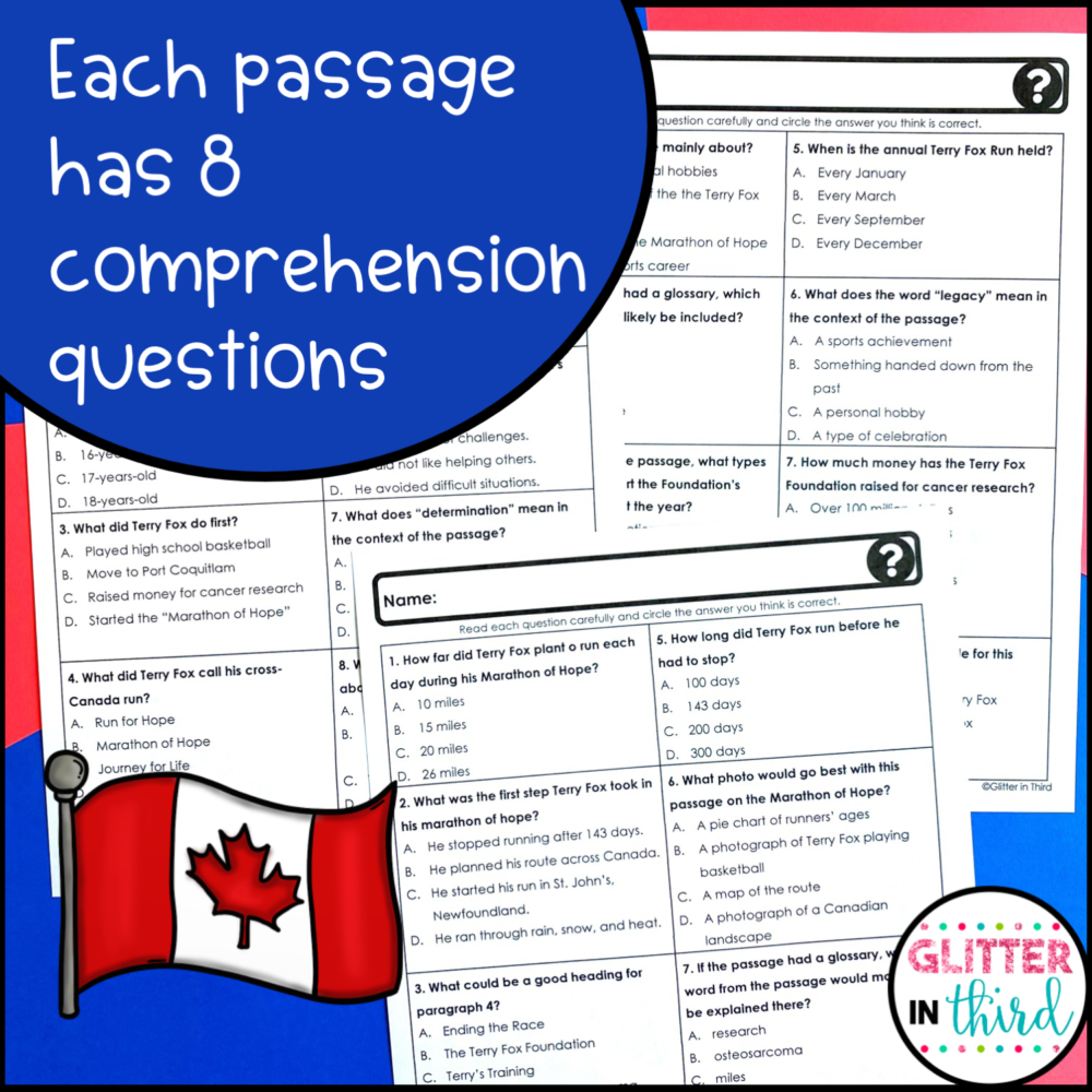 Terry Fox Run Reading Passages Activities Worksheets - Glitter in Third