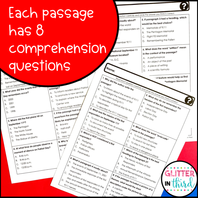 September 11 Patriot Day Reading Comprehension Passages Activities ...