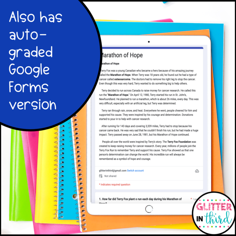 Terry Fox Run Reading Passages Activities Worksheets - Glitter in Third