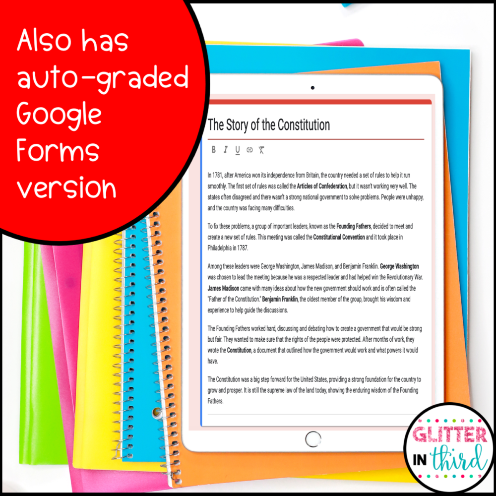 Constitution Day Reading Passages Activities Worksheets - Glitter in Third