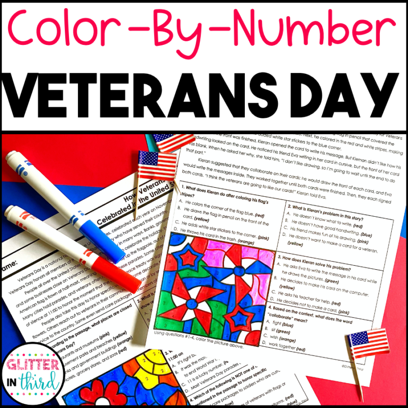 Veterans Day Reading Comprehension Passages Color-By-Number Worksheets ...