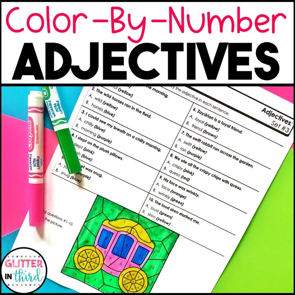 Adjectives Worksheets Color-By-Number Grammar - Glitter in Third