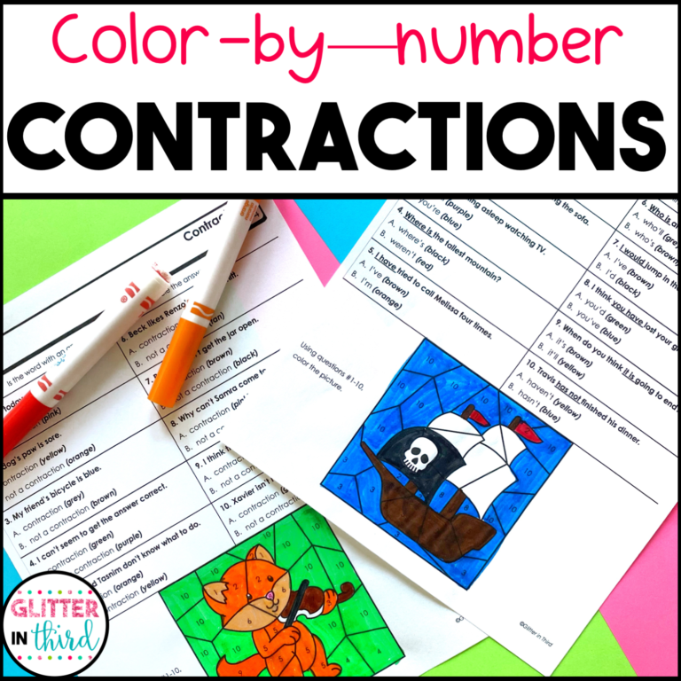 Contractions Worksheets Color-By-Number Grammar - Glitter in Third