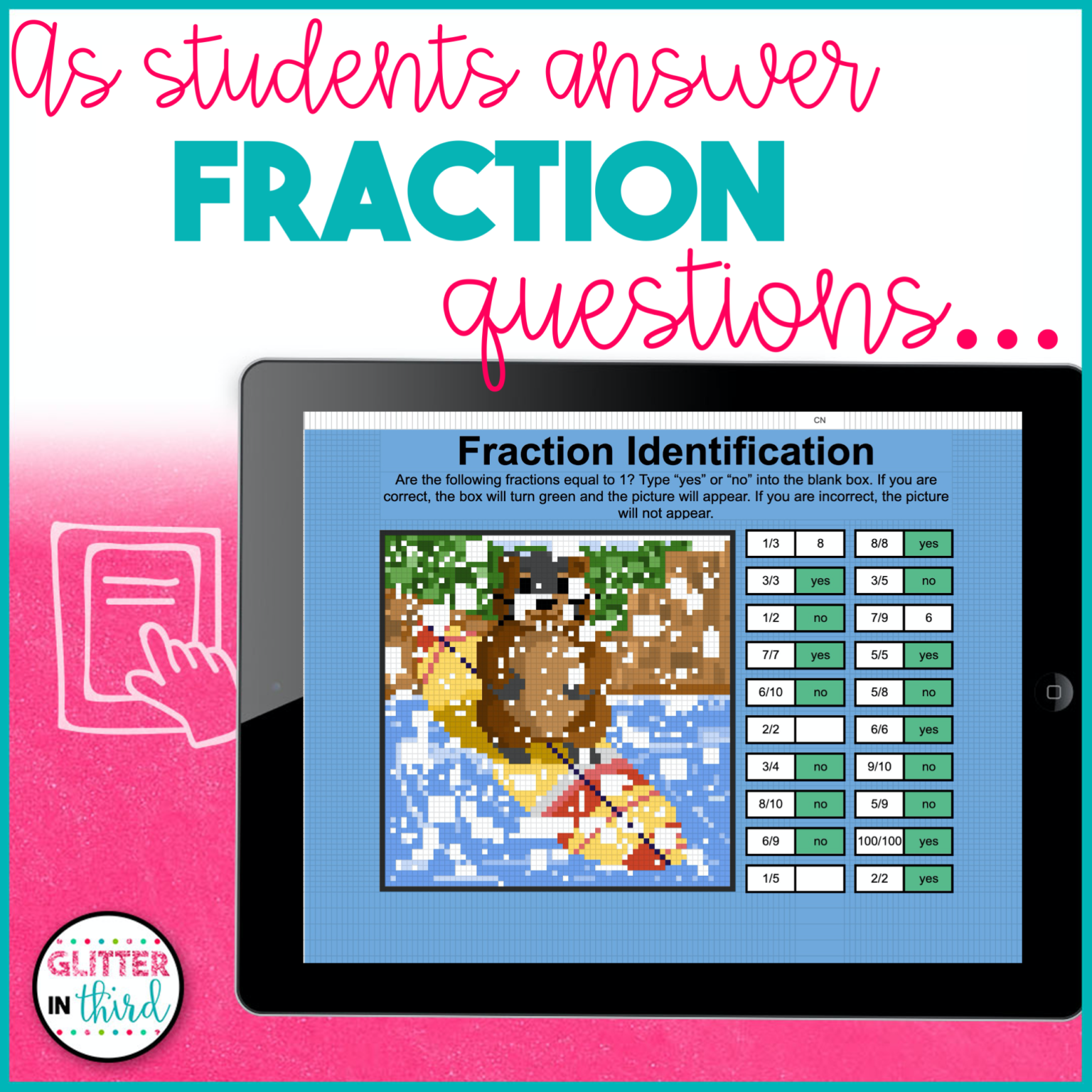 Groundhog Day Equivalent Fractions Pixel Art Activities - Glitter in Third