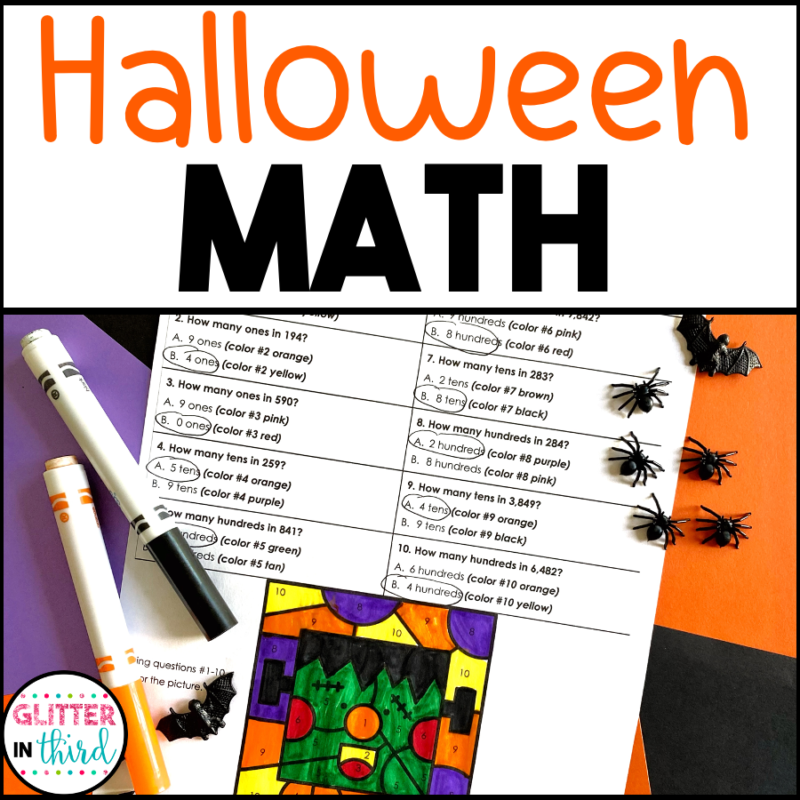 3rd Grade Halloween Math Worksheets No-Prep Color By Numbers - Glitter ...