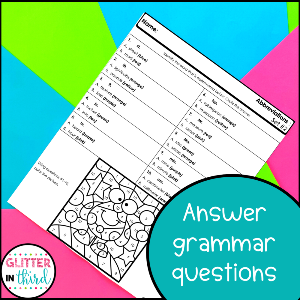 Abbreviations Worksheets Color-By-Number Grammar - Glitter in Third