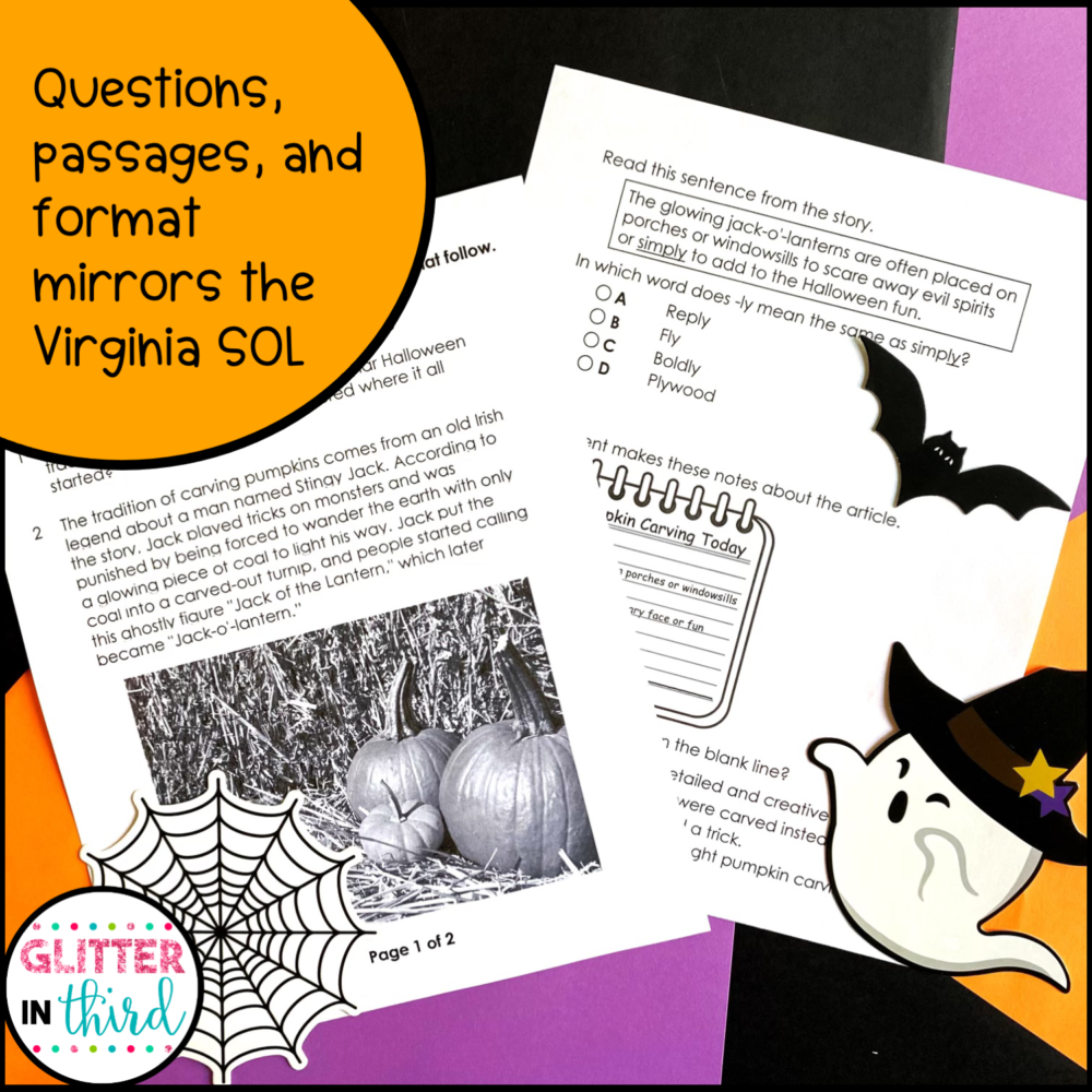 Halloween 5th Grade Reading SOL Passage Review - Glitter in Third