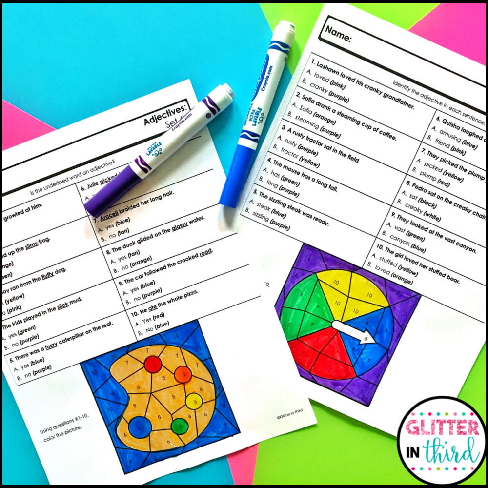 Adjectives Worksheets Color-By-Number Grammar - Glitter in Third