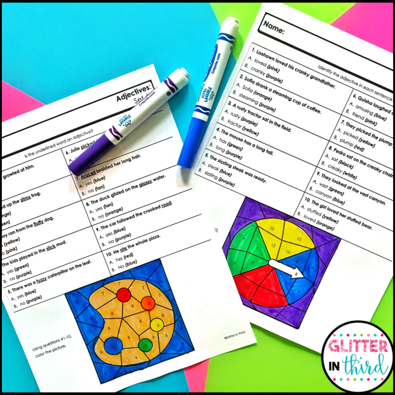 Adjectives Worksheets Color-By-Number Grammar - Glitter in Third