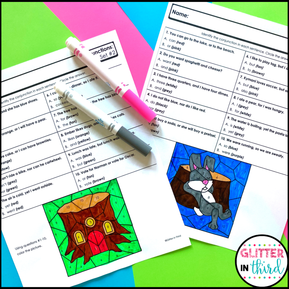 Conjunctions Worksheets Color-By-Number Grammar - Glitter in Third