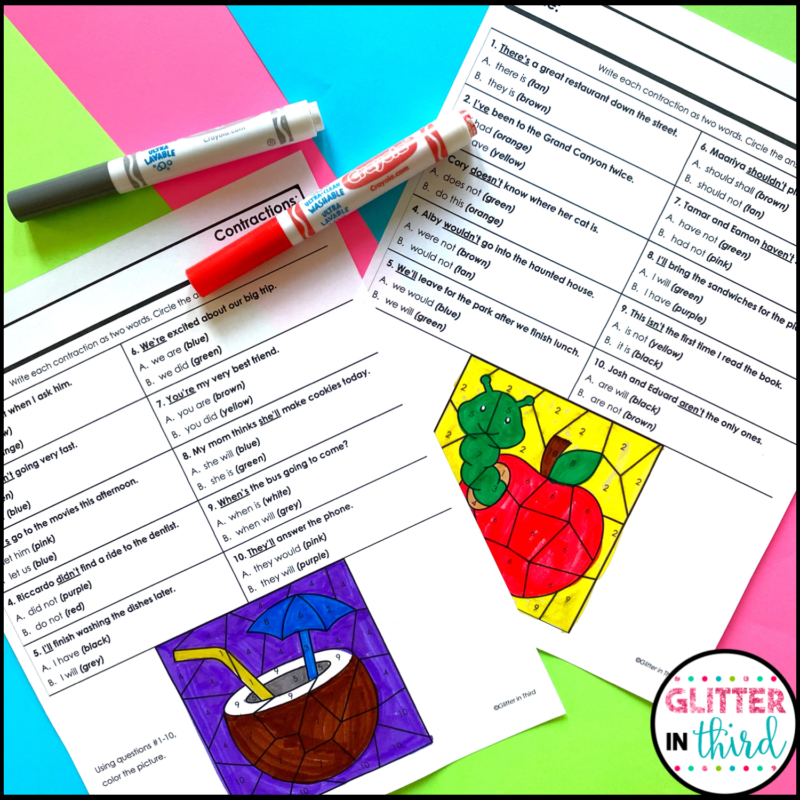 Contractions Worksheets Color-By-Number Grammar - Glitter in Third