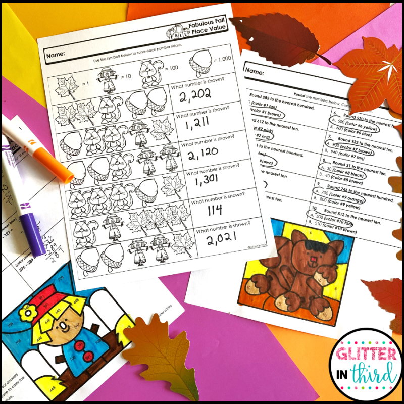 FALL Math Worksheets No Prep Color By Number - Glitter in Third