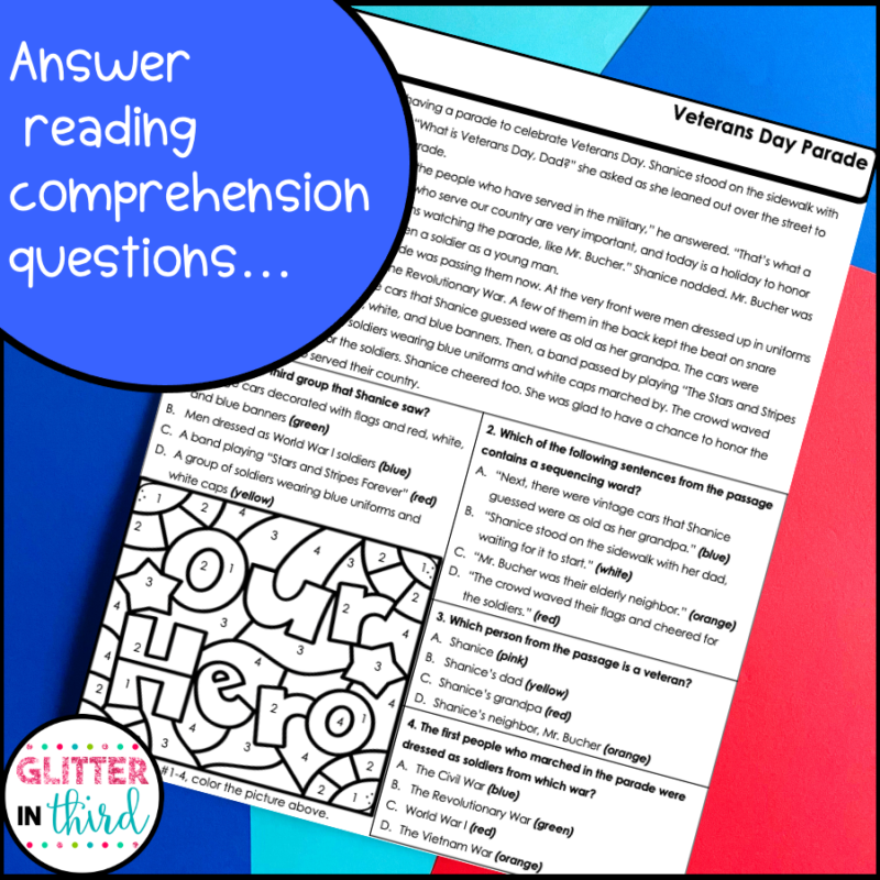 Veterans Day Reading Comprehension Passages Color-By-Number Worksheets ...