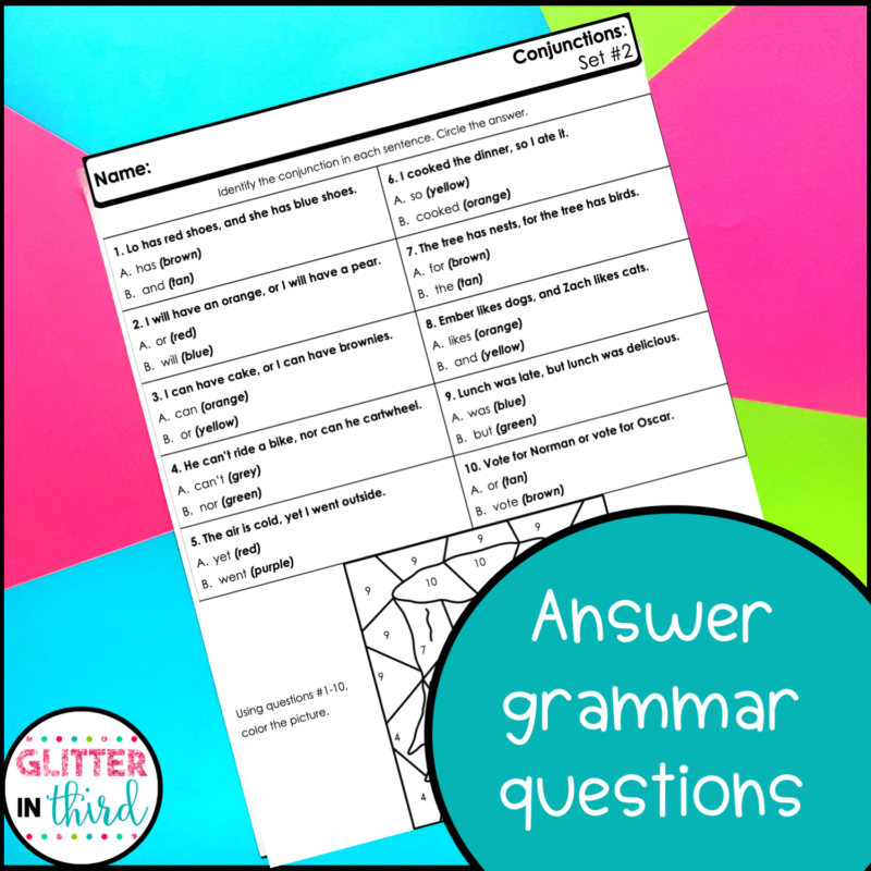 Conjunctions Worksheets Color-By-Number Grammar - Glitter in Third