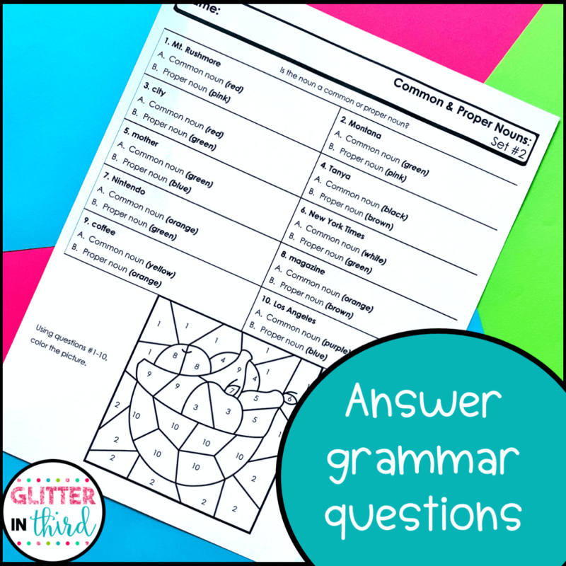 Common and Proper Nouns Worksheets Color-By-Number Grammar - Glitter in ...