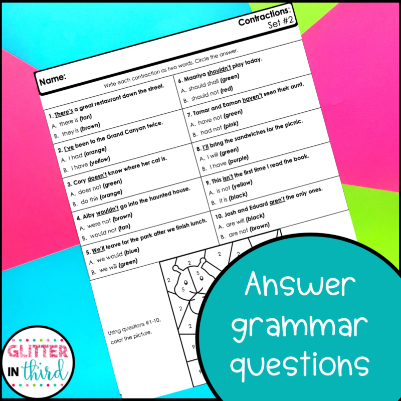 Contractions Worksheets Color-By-Number Grammar - Glitter in Third