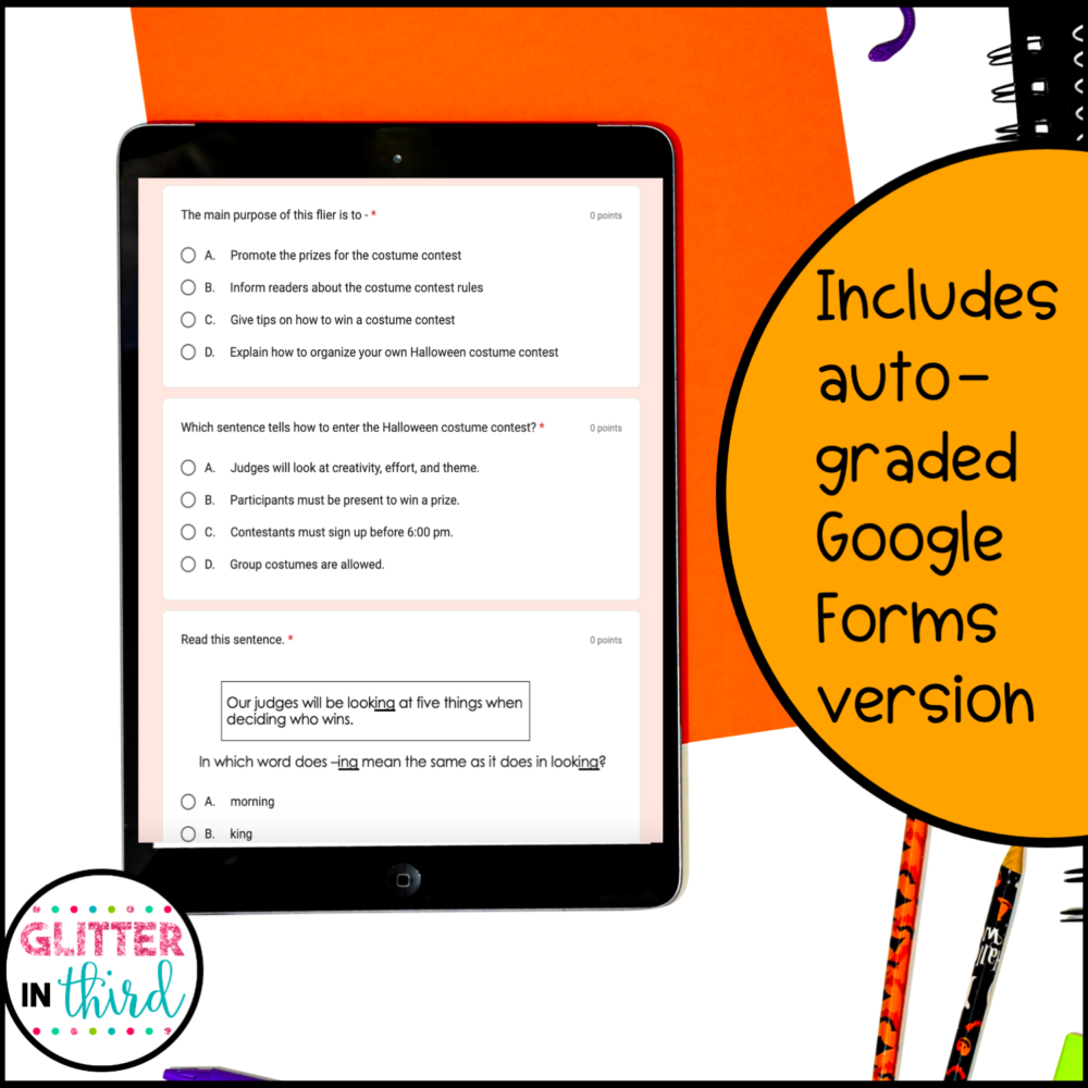 Halloween 5th Grade Reading SOL Passage Review - Glitter in Third