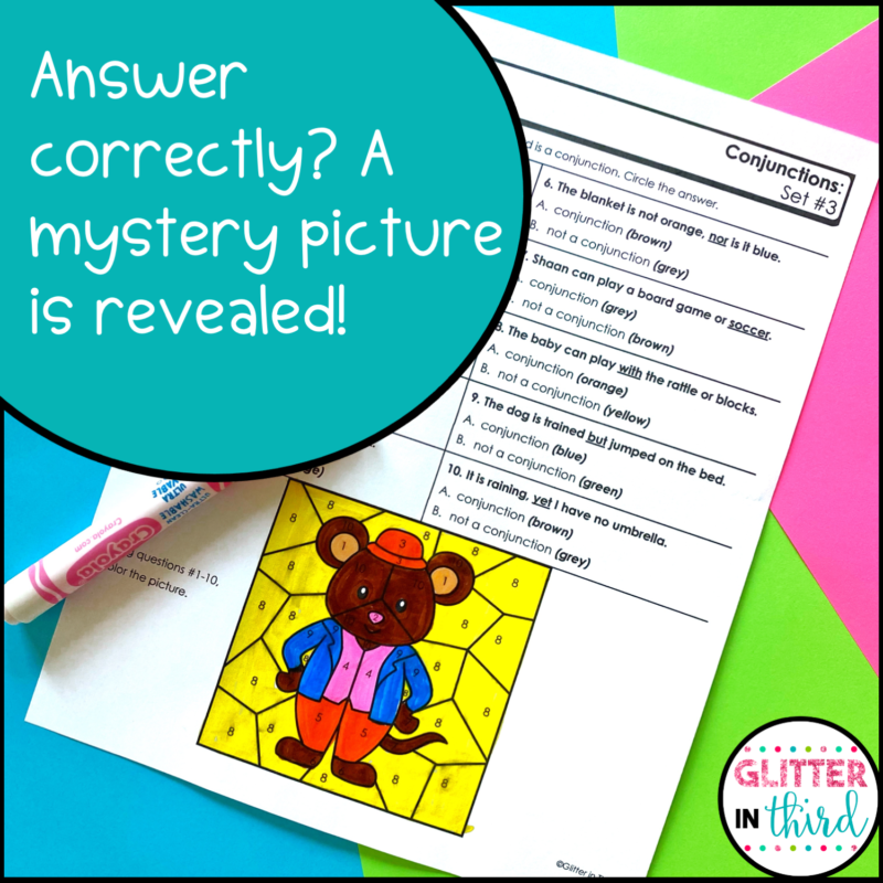 Conjunctions Worksheets Color-By-Number Grammar - Glitter in Third