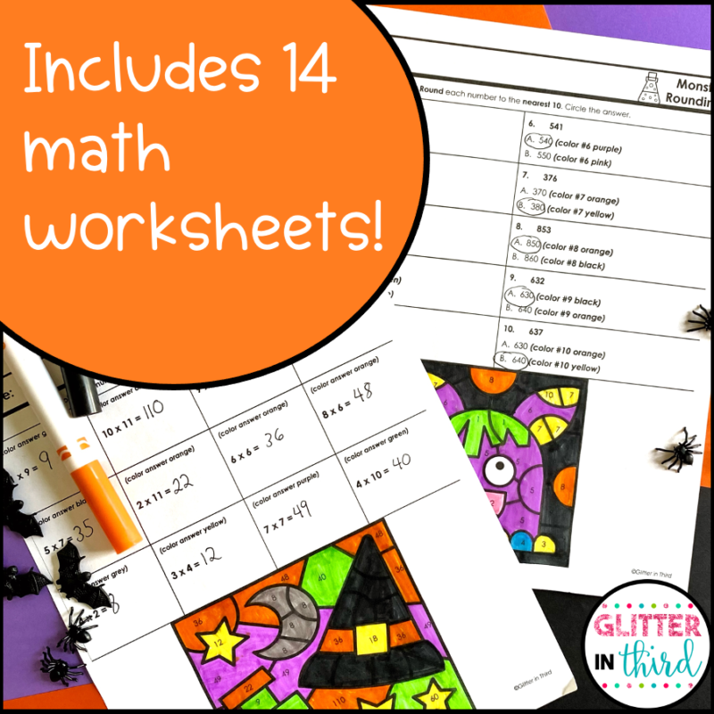 3rd Grade Halloween Math Worksheets No-Prep Color By Numbers - Glitter ...
