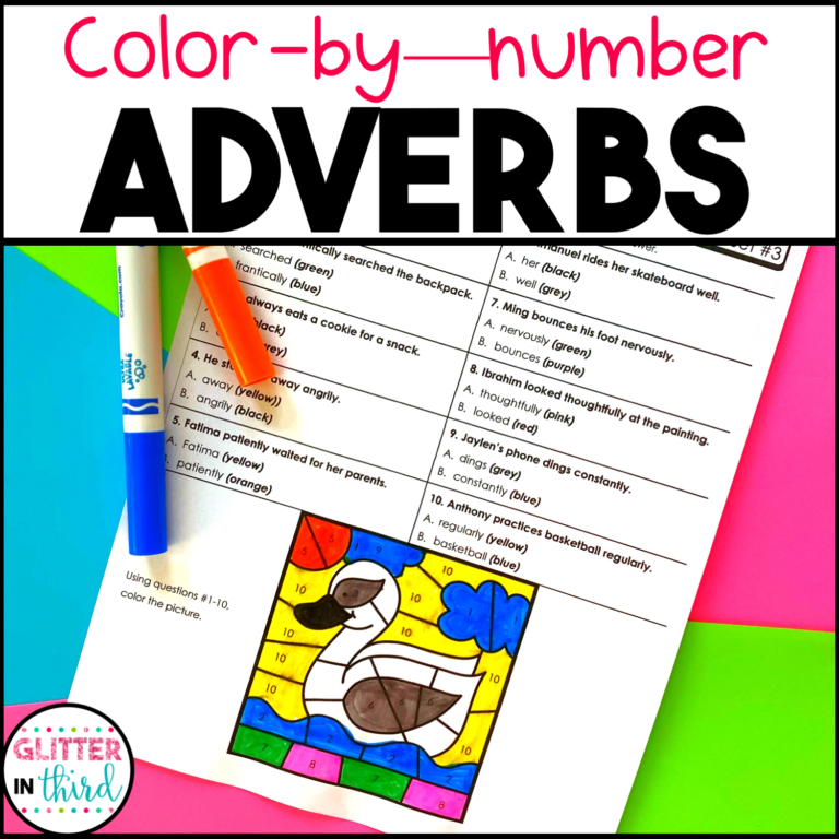 Adverbs Worksheets Color-By-Number Grammar - Glitter in Third