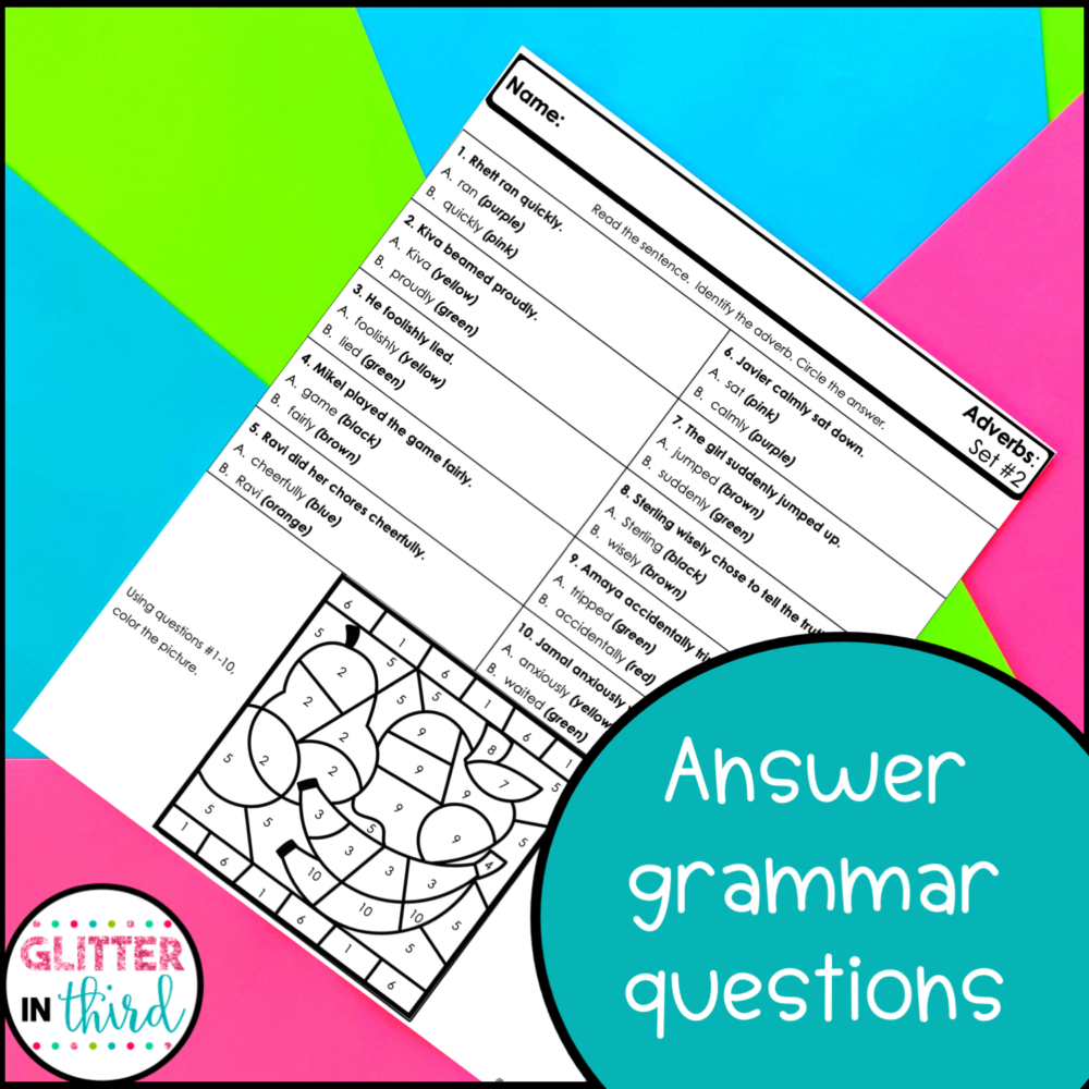 Adverbs Worksheets Color-By-Number Grammar - Glitter in Third