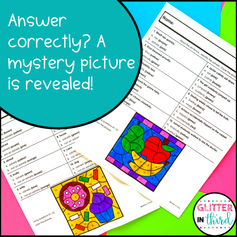 Adverbs Worksheets Color-By-Number Grammar - Glitter in Third