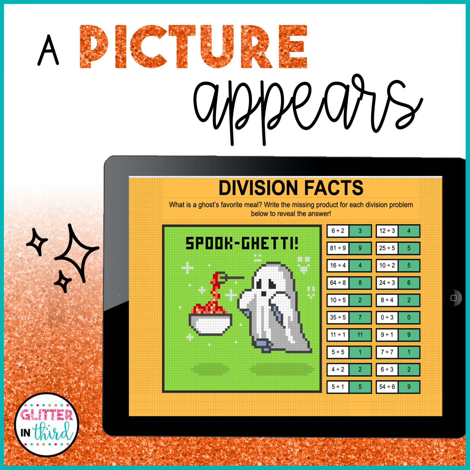Halloween Multiplication & Division Pixel Art Activities - Glitter in Third