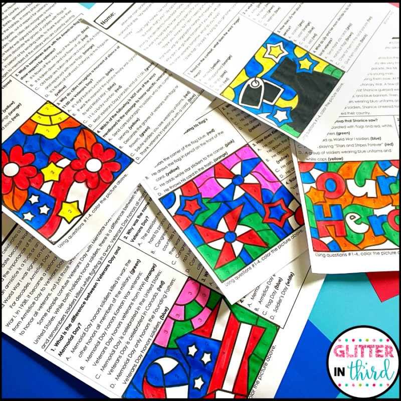Veterans Day Reading Comprehension Passages Color-By-Number Worksheets ...