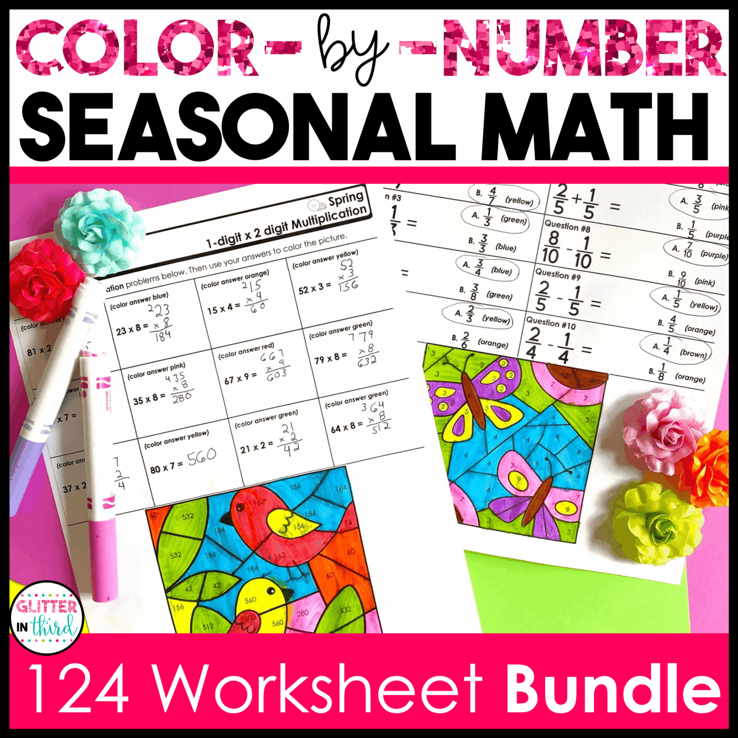 FALL Math Worksheets No Prep Color By Number - Glitter in Third