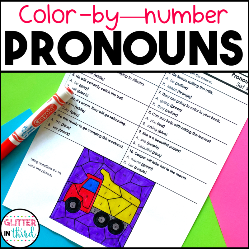 Pronouns Worksheets Color-By-Number Grammar - Glitter in Third