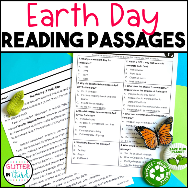 Earth Day Reading Comprehension Passages Worksheets - Glitter in Third