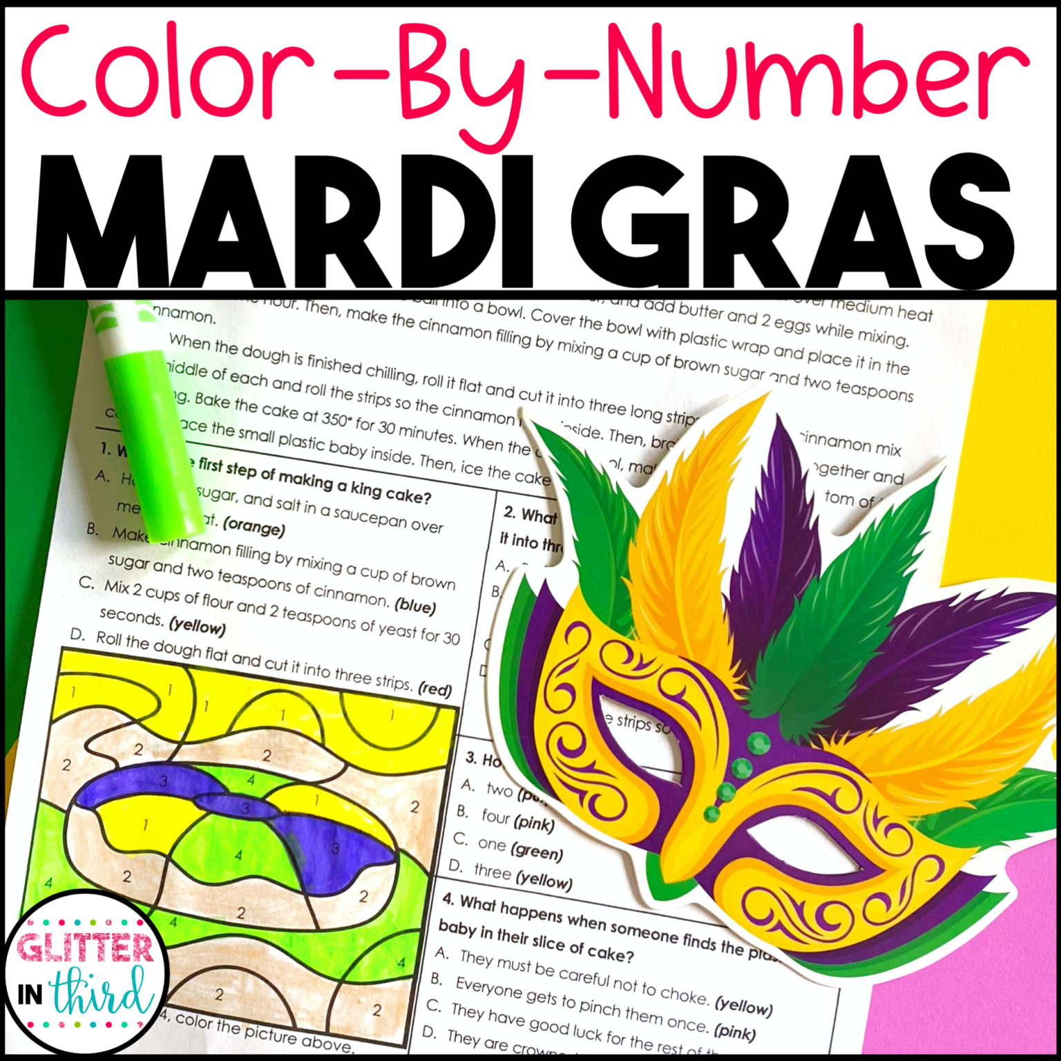Mardi Gras Reading Comprehension Color By Number Worksheets - Glitter ...