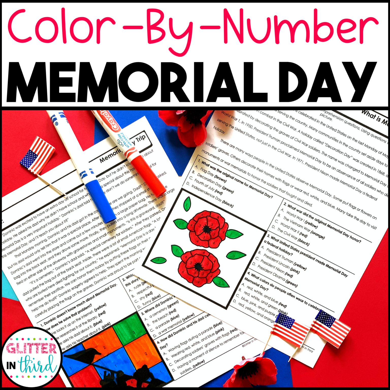 Memorial Day Reading Comprehension Color By Number Worksheets - Glitter ...