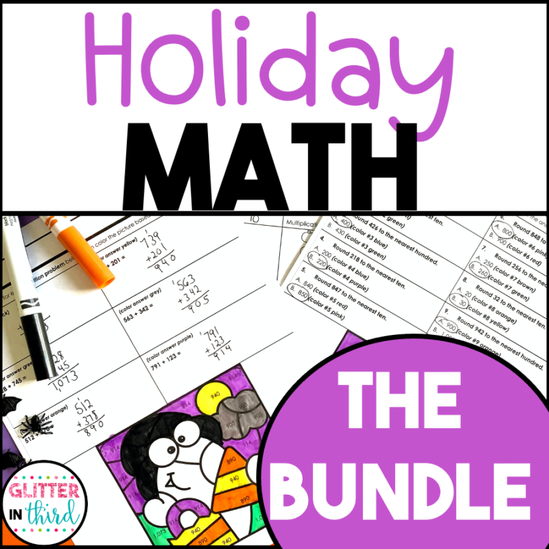 Holiday Math No Prep Worksheets Color By Number BUNDLE - Glitter in Third